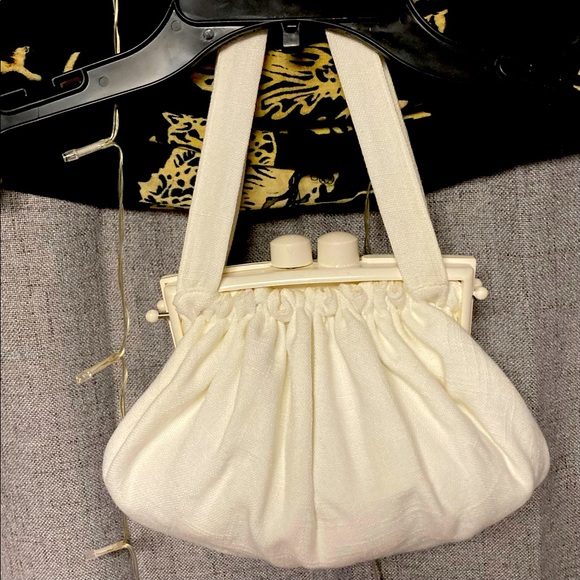 Bags | Vintage Curtain Rod Linen Handbag With Bakelite | Poshmark